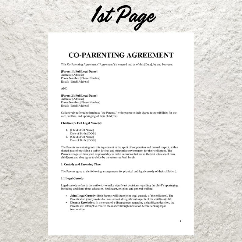 Editable Co-parenting Agreement Template: Joint Custody Parenting Plan ...