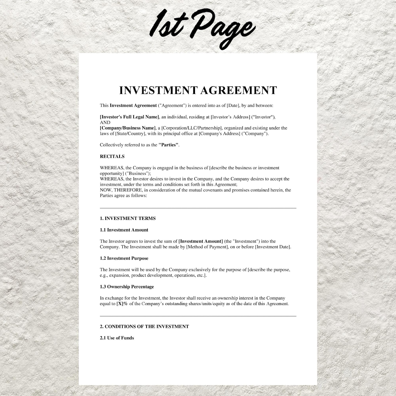 Investment Contract Template Editable Investor Agreement Form Printable ...