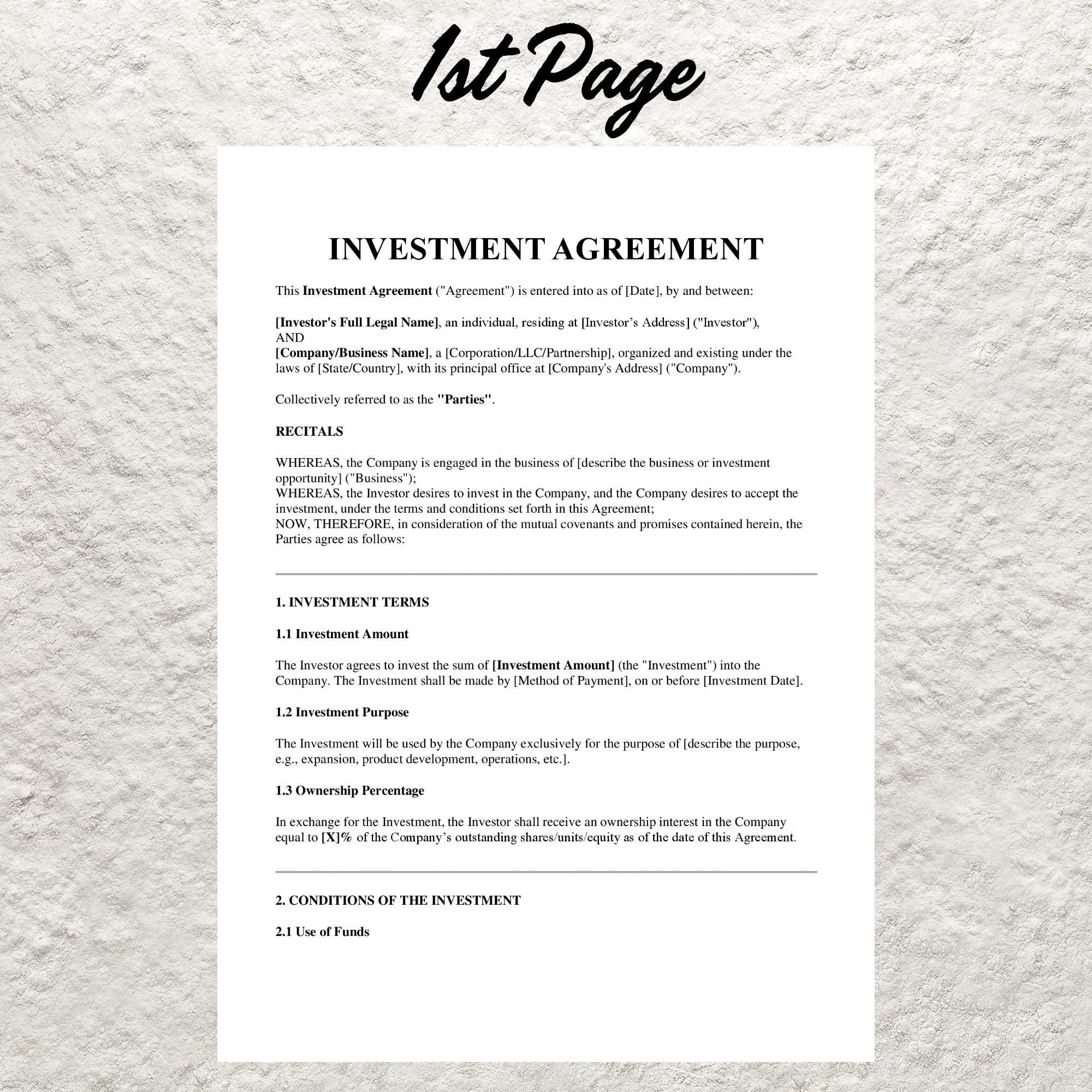 Investment Contract Template Editable Investor Agreement Form Printable ...