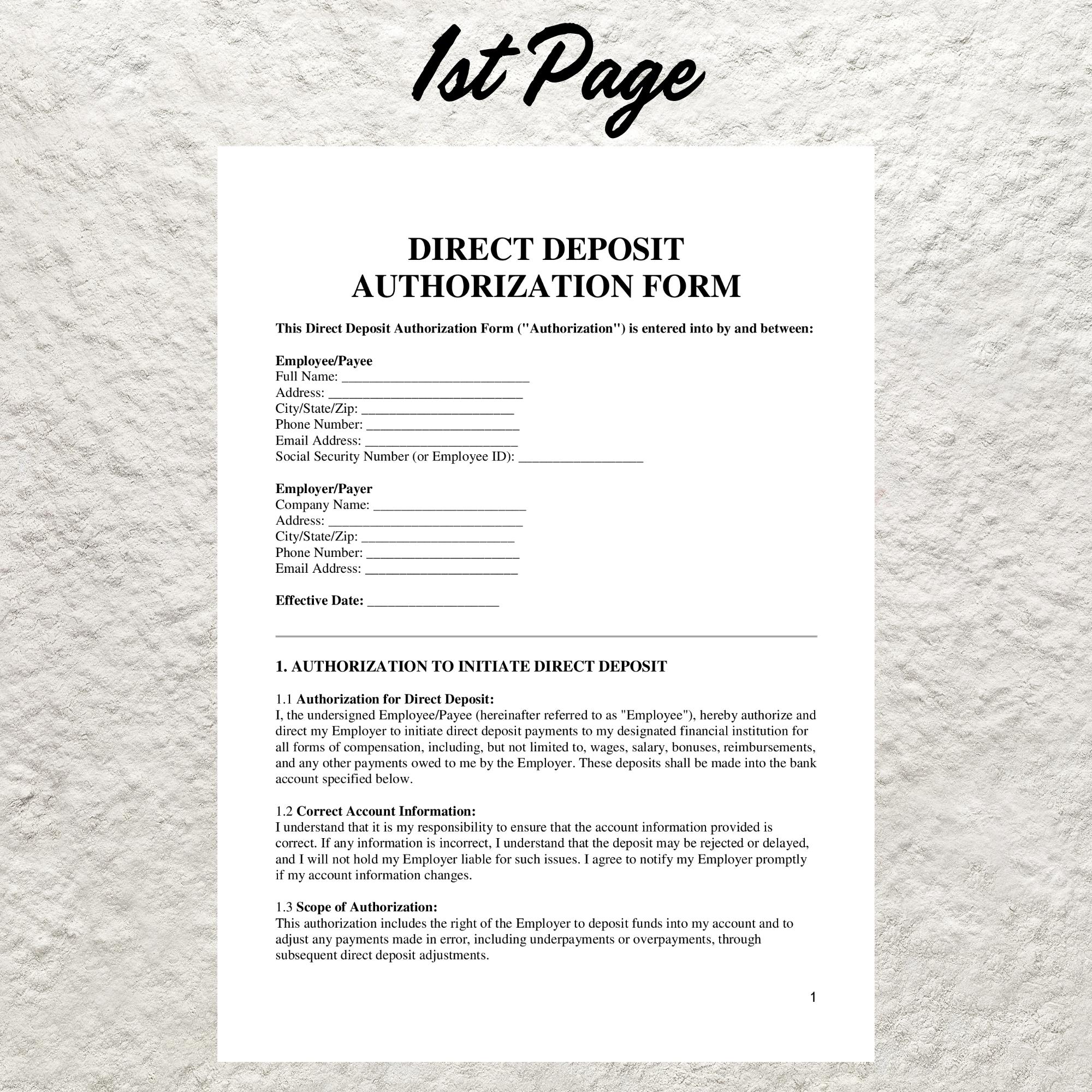 Direct Deposit Authorization Form: Editable Employee Template (word) - Etsy