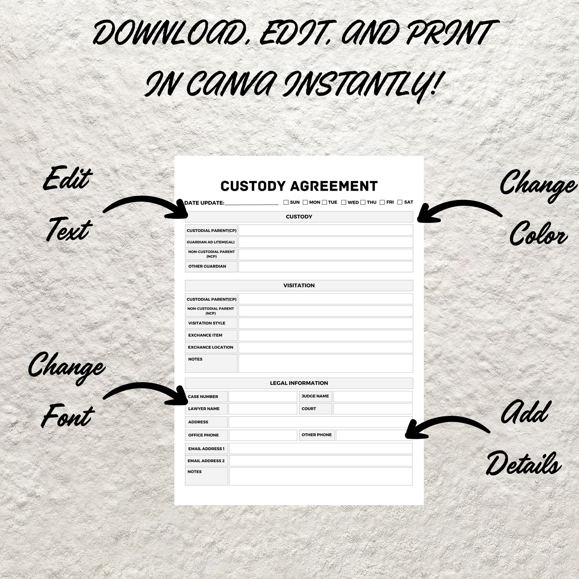 Child Custody Agreement Template Printable Co-parenting Plan Planner ...