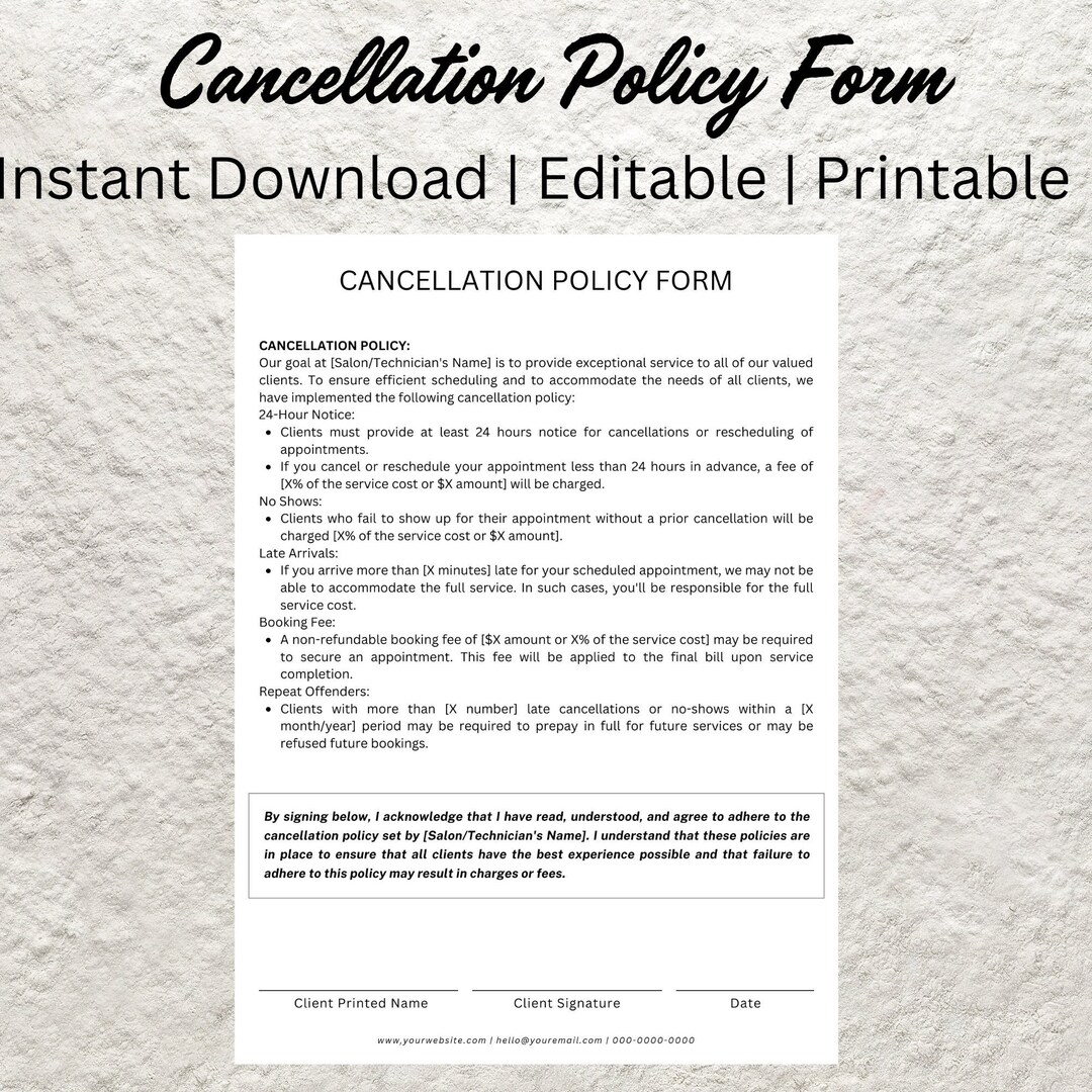 Editable Cancellation Policy Form Template Printable Salon Spa Lash ...