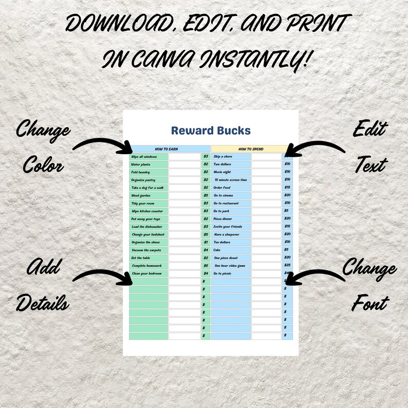 Editable Kids Reward Bucks Template Printable Mom Bucks Reward System ...