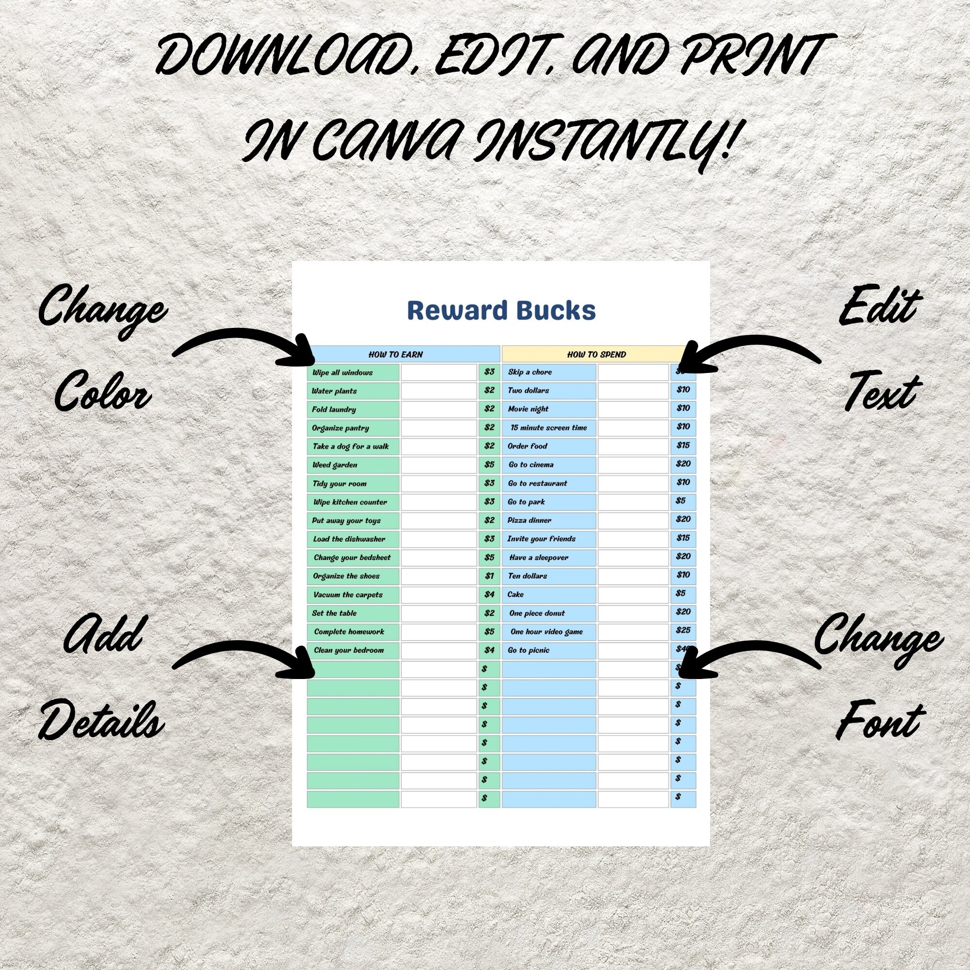 Editable Kids Reward Bucks Template Printable Mom Bucks Reward System ...