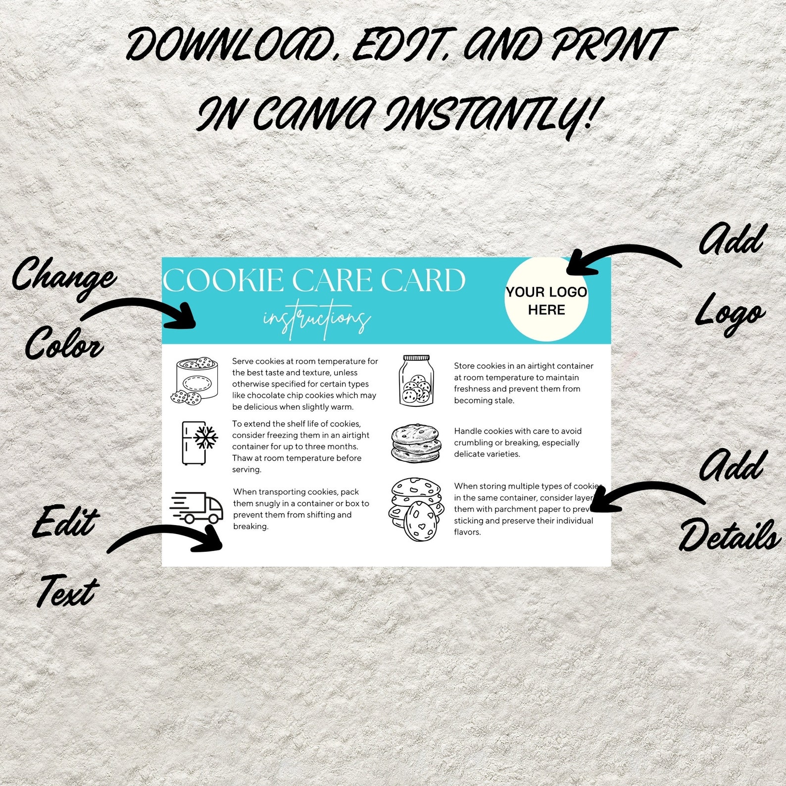 Editable Cookie Care Card Canva Template Cookie Serving Instructions ...