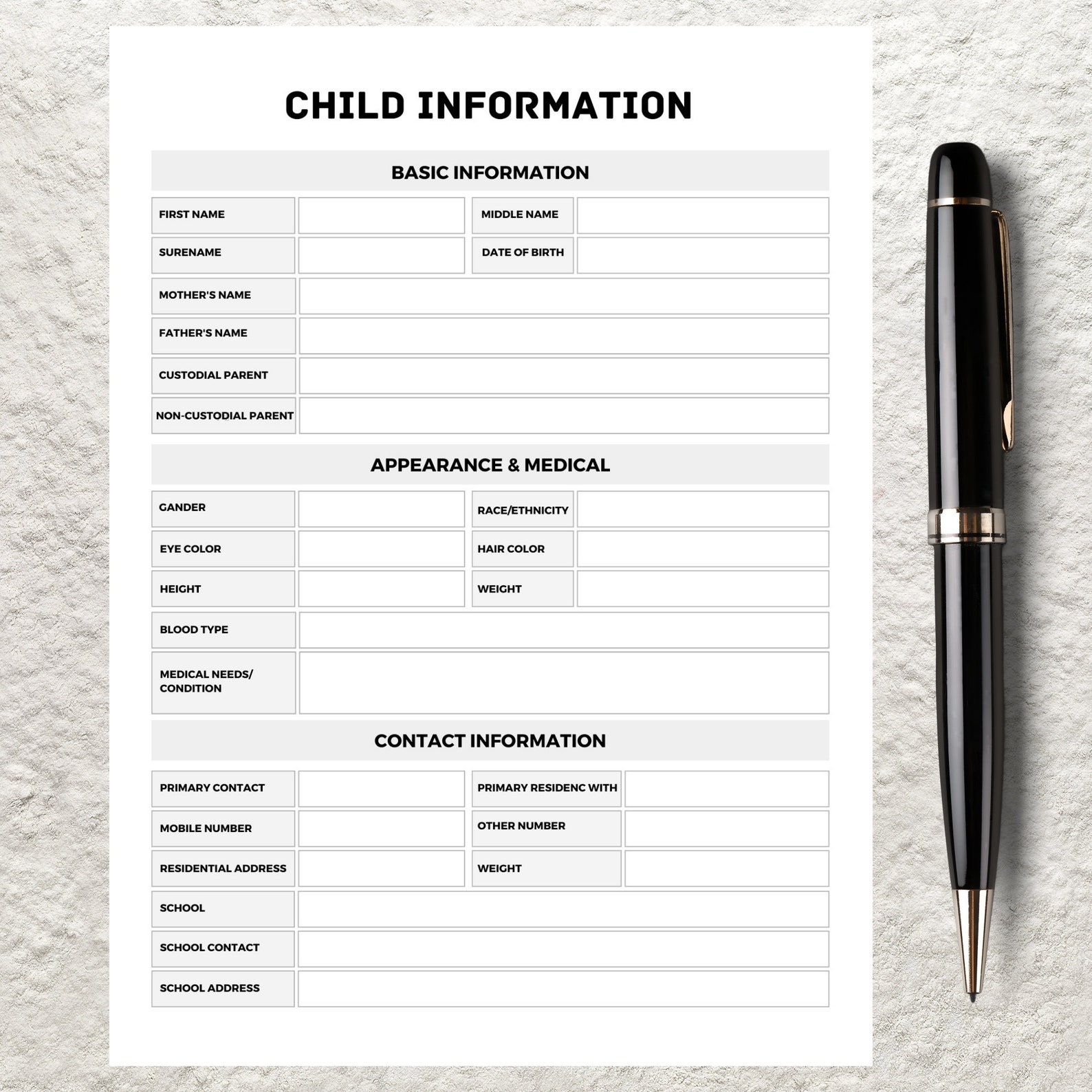 Printable Child Information Sheet Template Planner Daycare All About Me ...