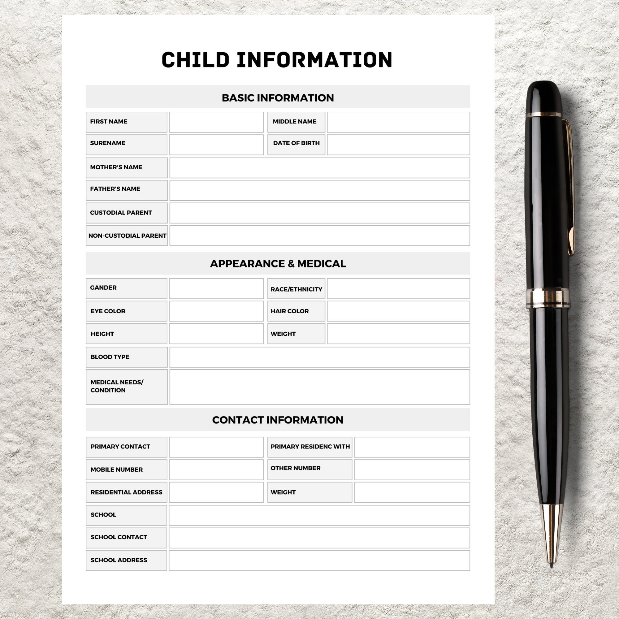 Printable Child Information Sheet Template Planner Daycare All About Me ...