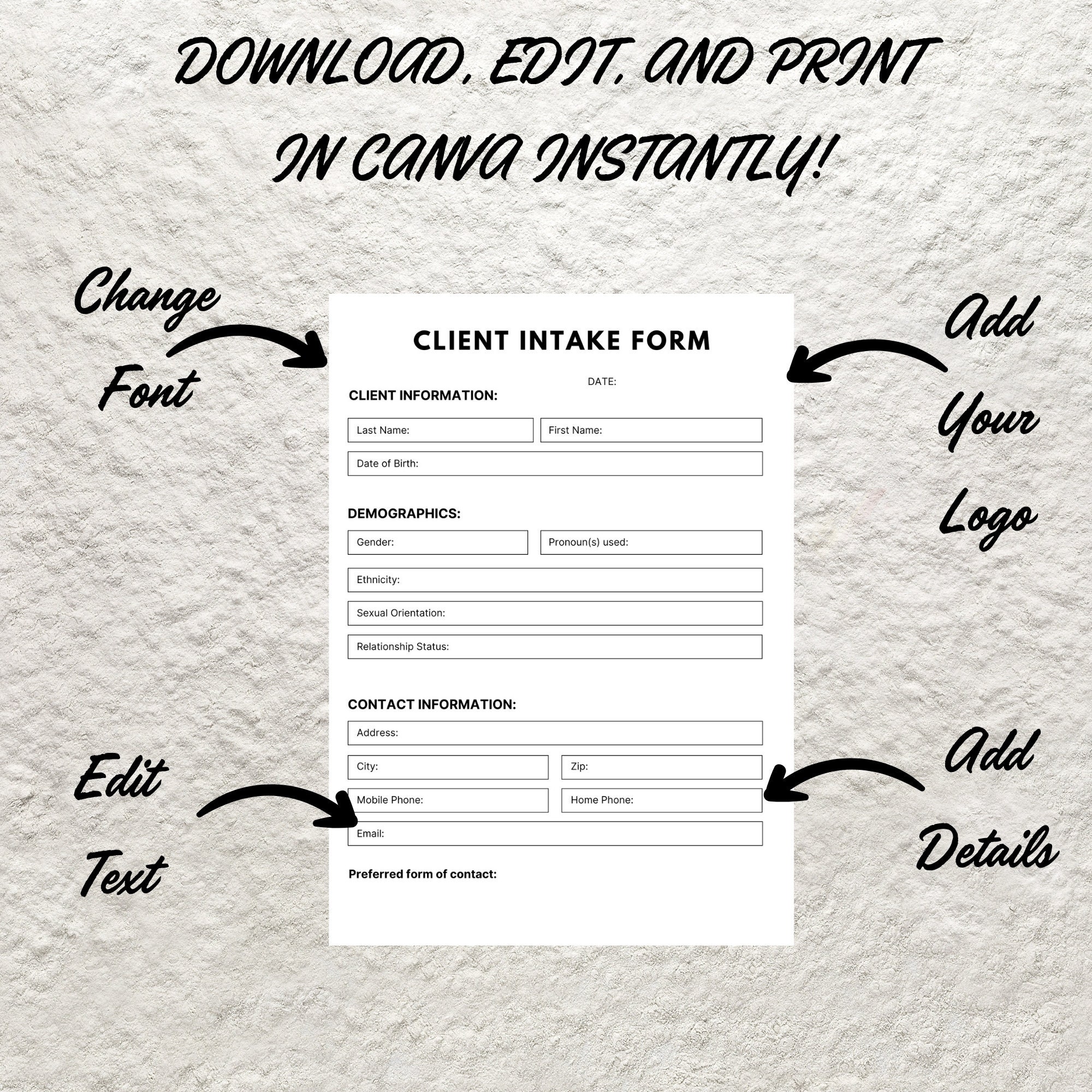 New Client Intake Sheet Form Canva Template Client Questionaire ...