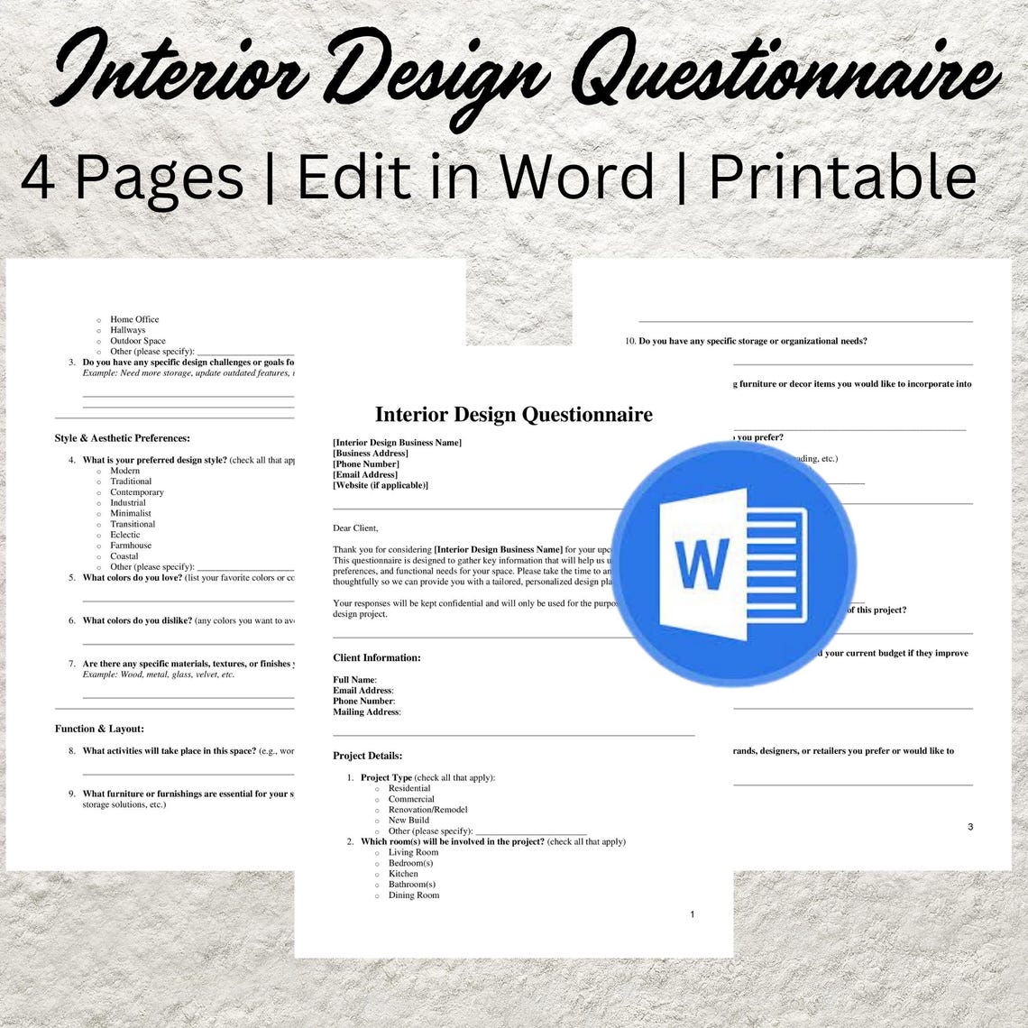 Interior Design Client Questionnaire: Editable Intake Form (PDF ...