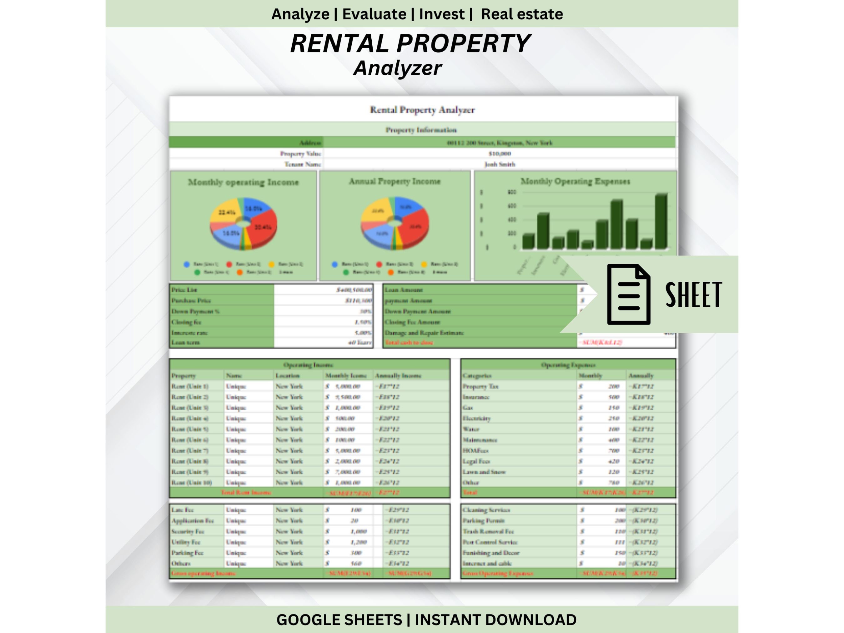 Landlord Rental Property Spreadsheet Template Google Sheets Tracker for ...