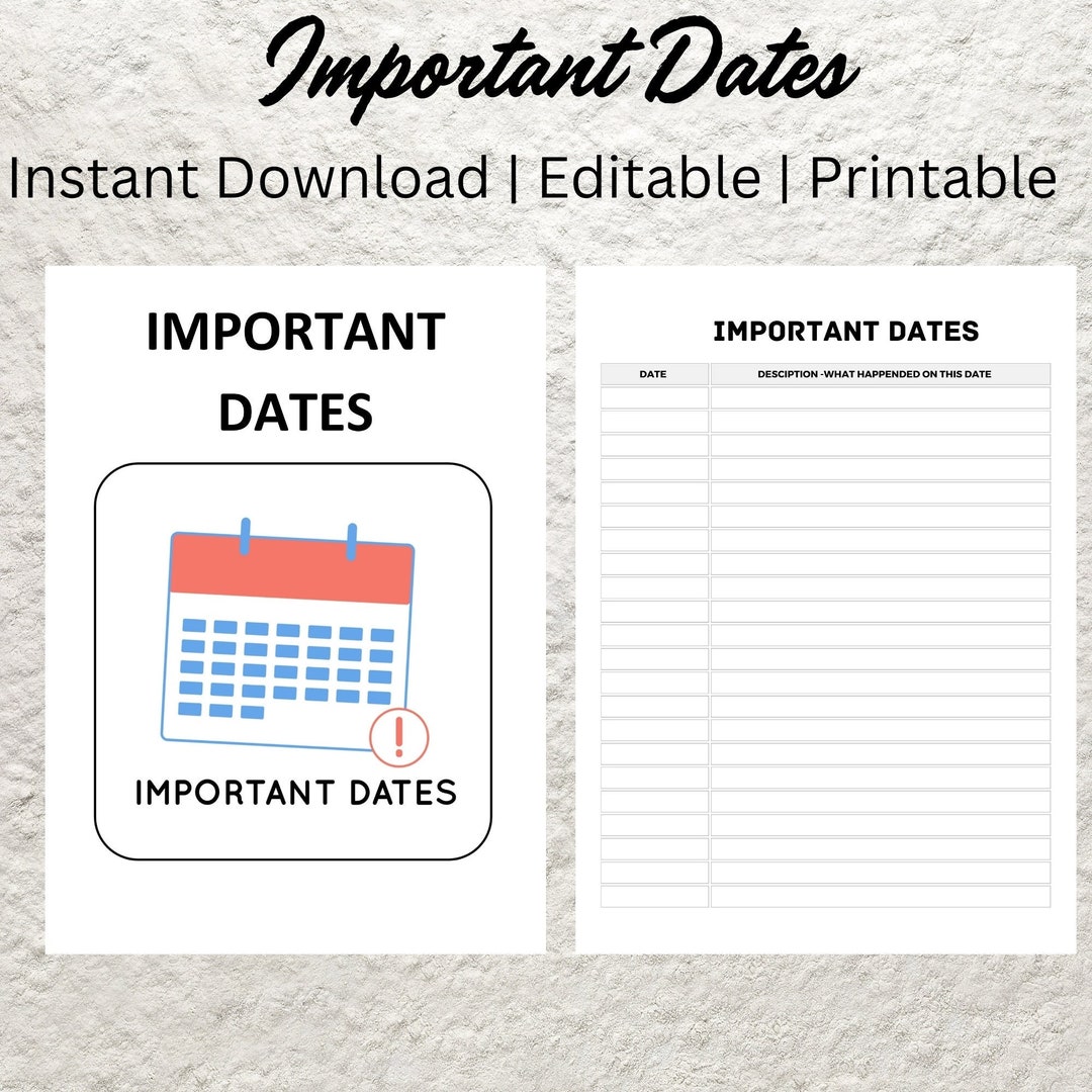 Editable Important Dates Tracker Template Printable Yearly Important ...