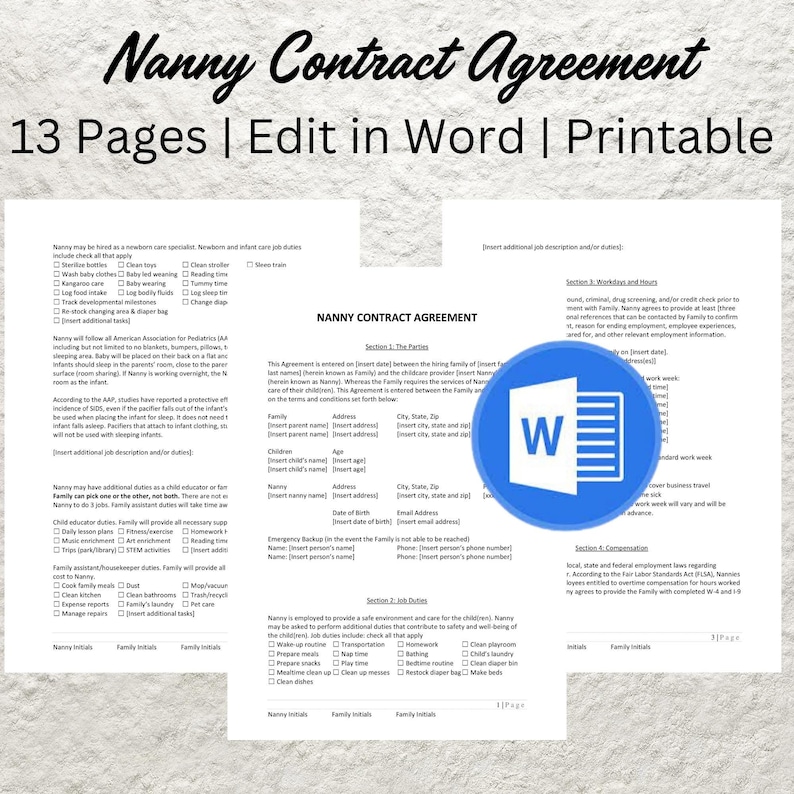 Editable Nanny Contract Template Printable Nanny Service Worksheet ...