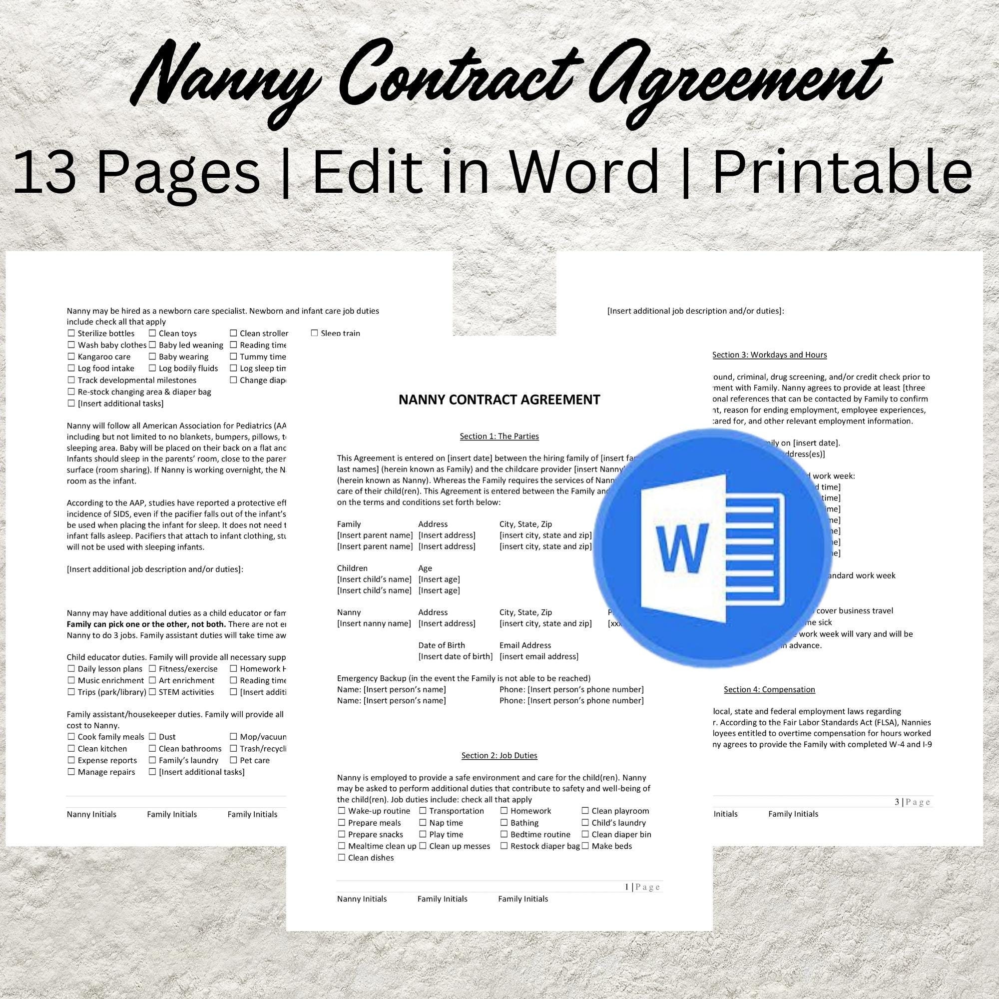 Editable Nanny Contract Template Printable Nanny Service Worksheet ...