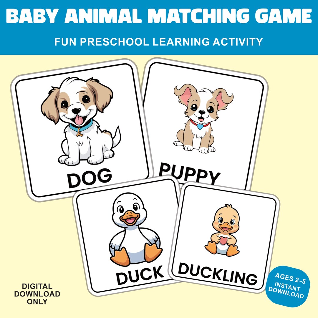 Baby Animal Matching Game Printable | Preschool Learning Activity ...