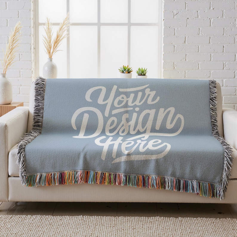 Woven Blanket Photoshop Mockup, Printify Fringed Woven Blanket Template ...