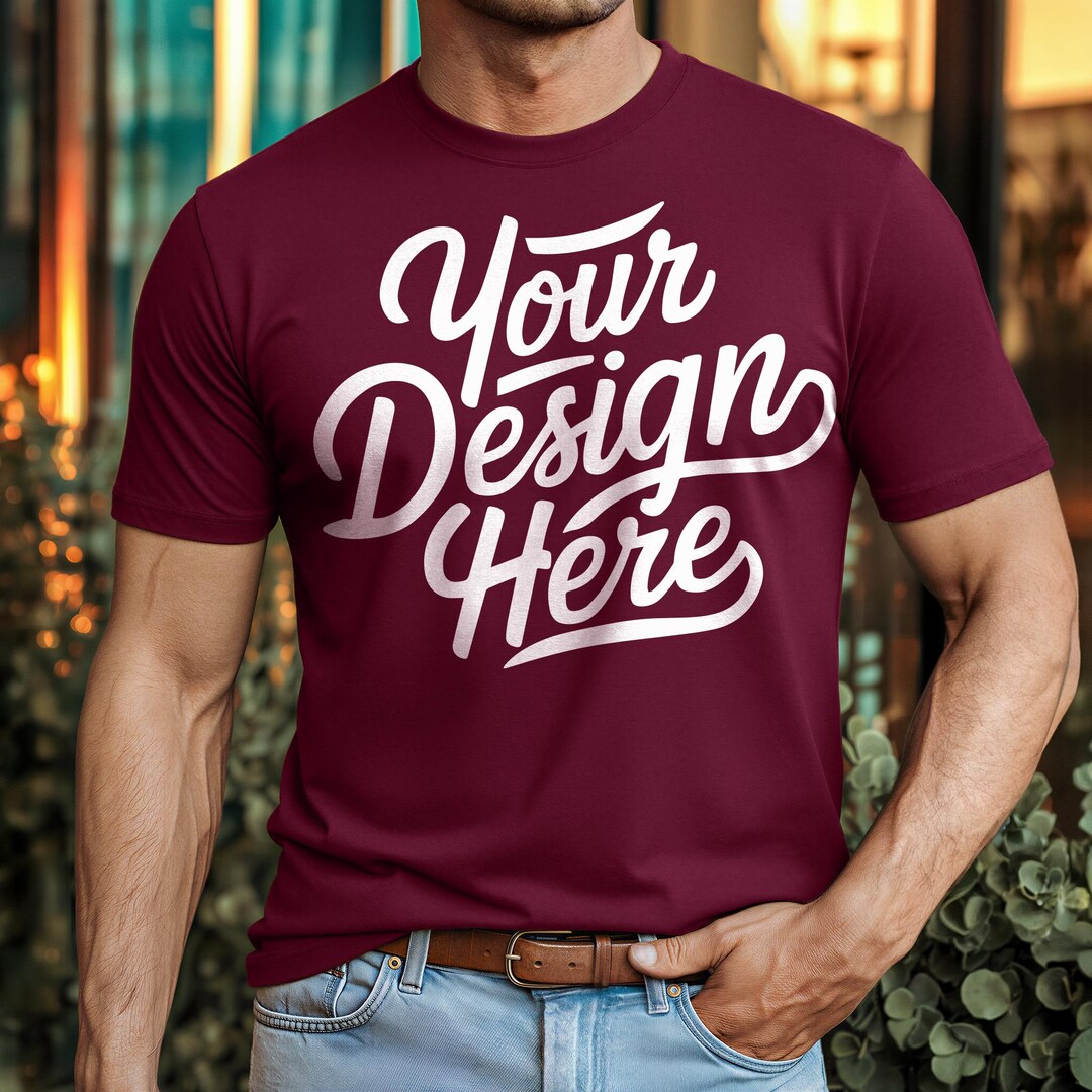 Men's Maroon Gildan 5000 Mockup, Male T-shirt Mockup, Gildan 5000 ...