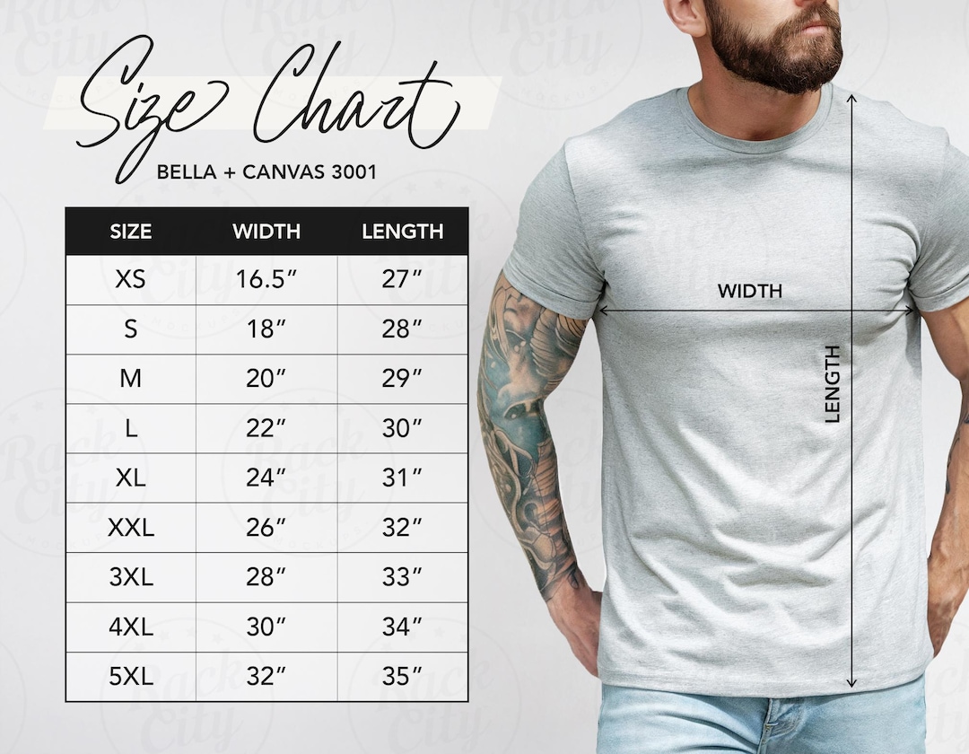 Men's Bella Canvas 3001 Size Chart, T-shirt Sizing Chart Bella Canvas ...