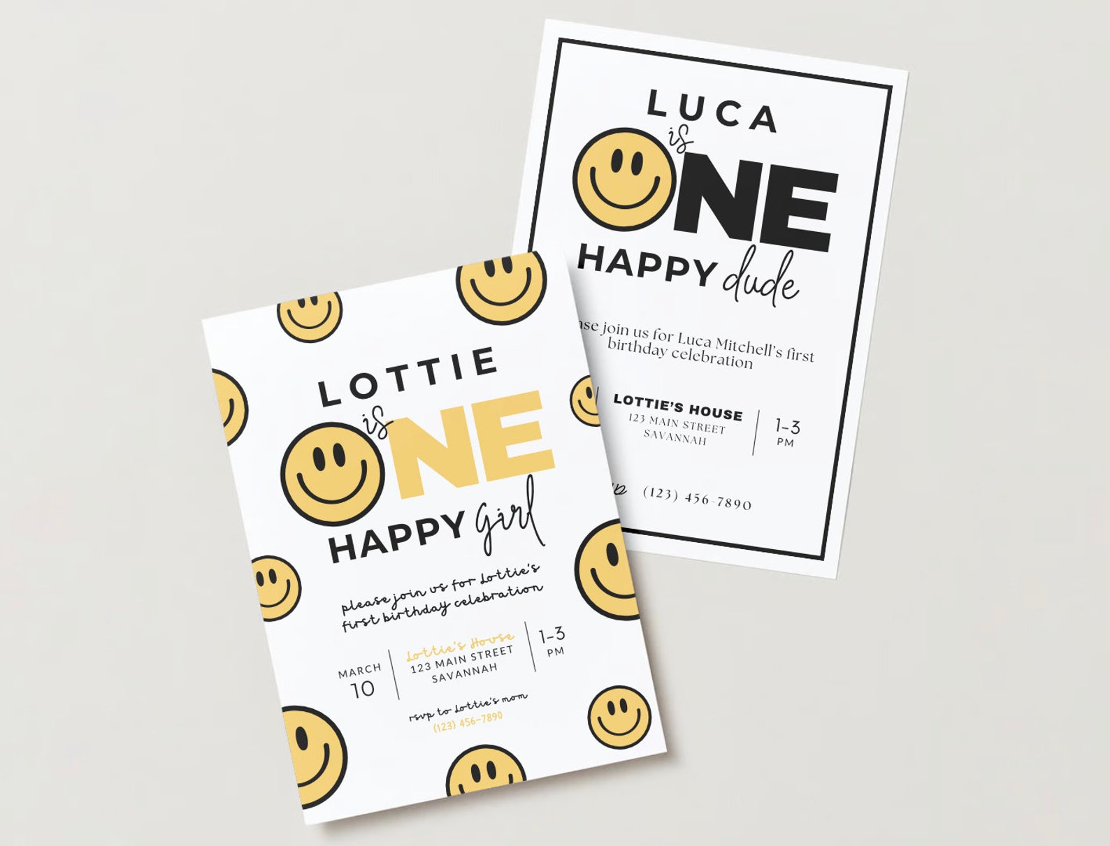 CUSTOMIZABLE Smiley Face Happy Themed First Birthday Party Invitations ...