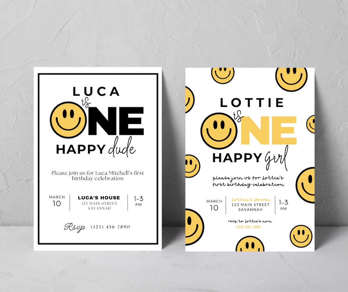 CUSTOMIZABLE Smiley Face Happy Themed First Birthday Party Invitations ...