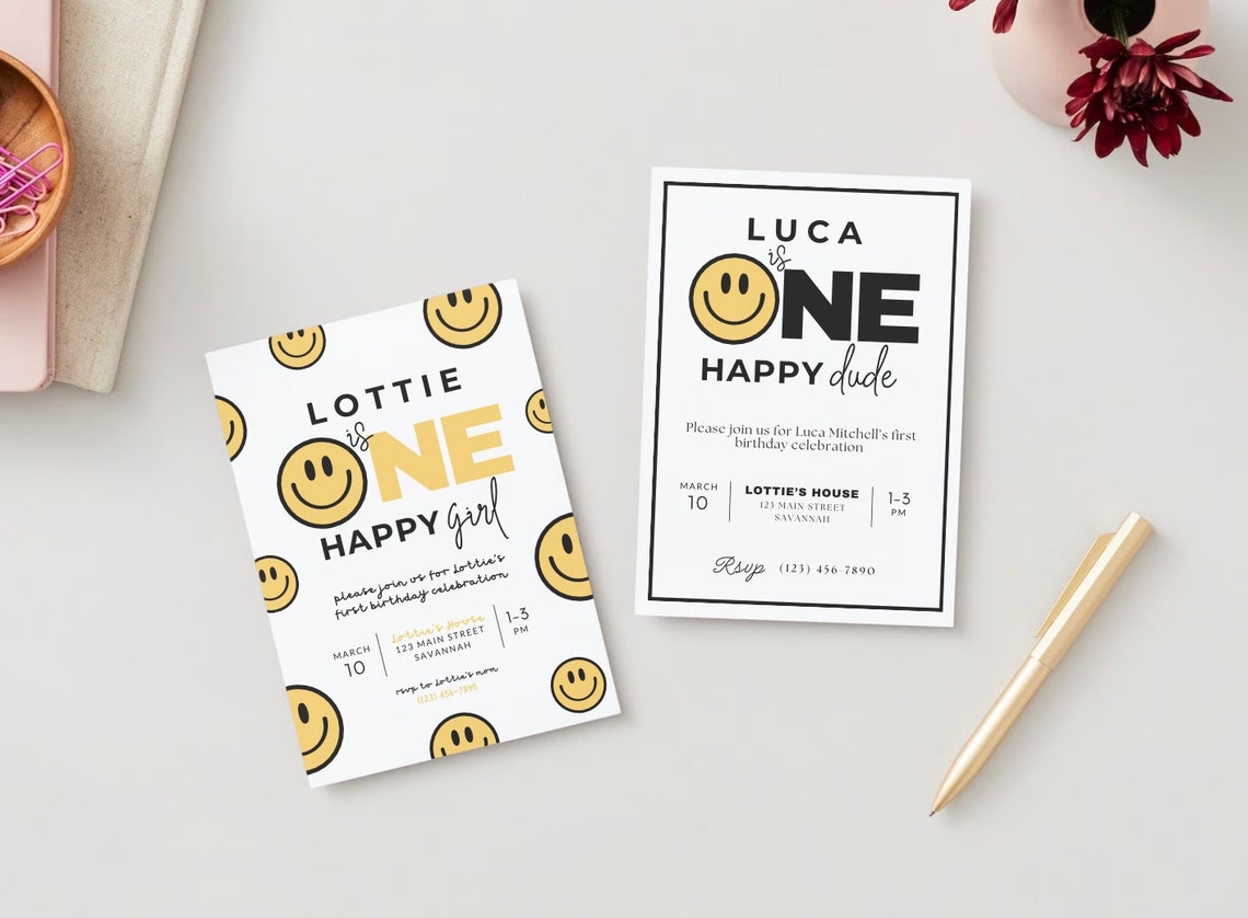 CUSTOMIZABLE Smiley Face Happy Themed First Birthday Party Invitations ...