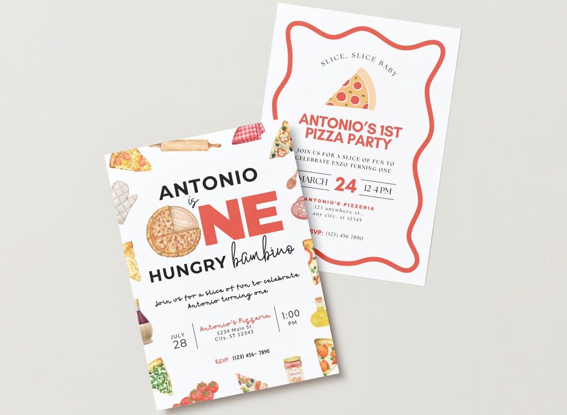 CUSTOMIZABLE Italian Pizza Themed First Birthday Party Invitation ...