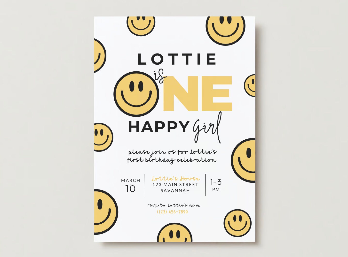 CUSTOMIZABLE Smiley Face Happy Themed First Birthday Party Invitations ...