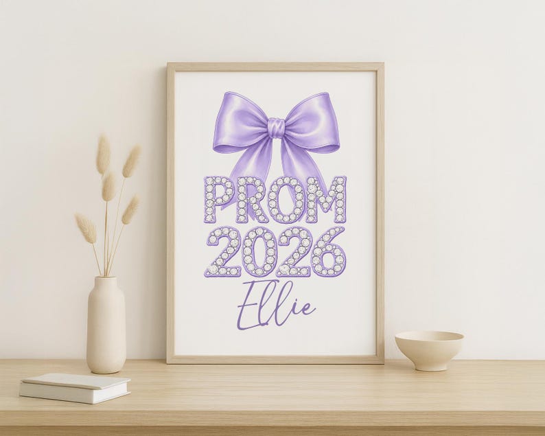 Personalised Prom 2026 Print, Purple Bow Diamante Custom Name Poster ...