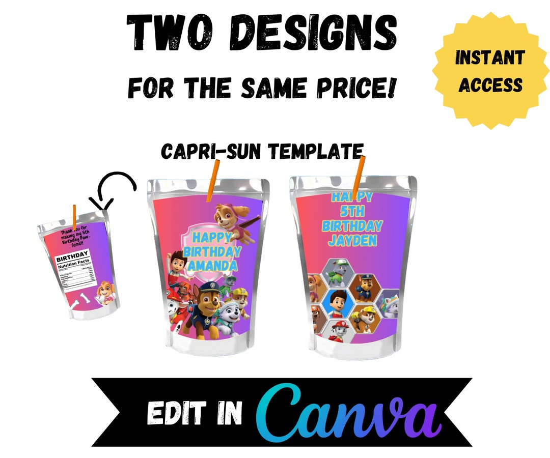Editable Capri-sun Label Template kids Birthday Party Printable Pink ...