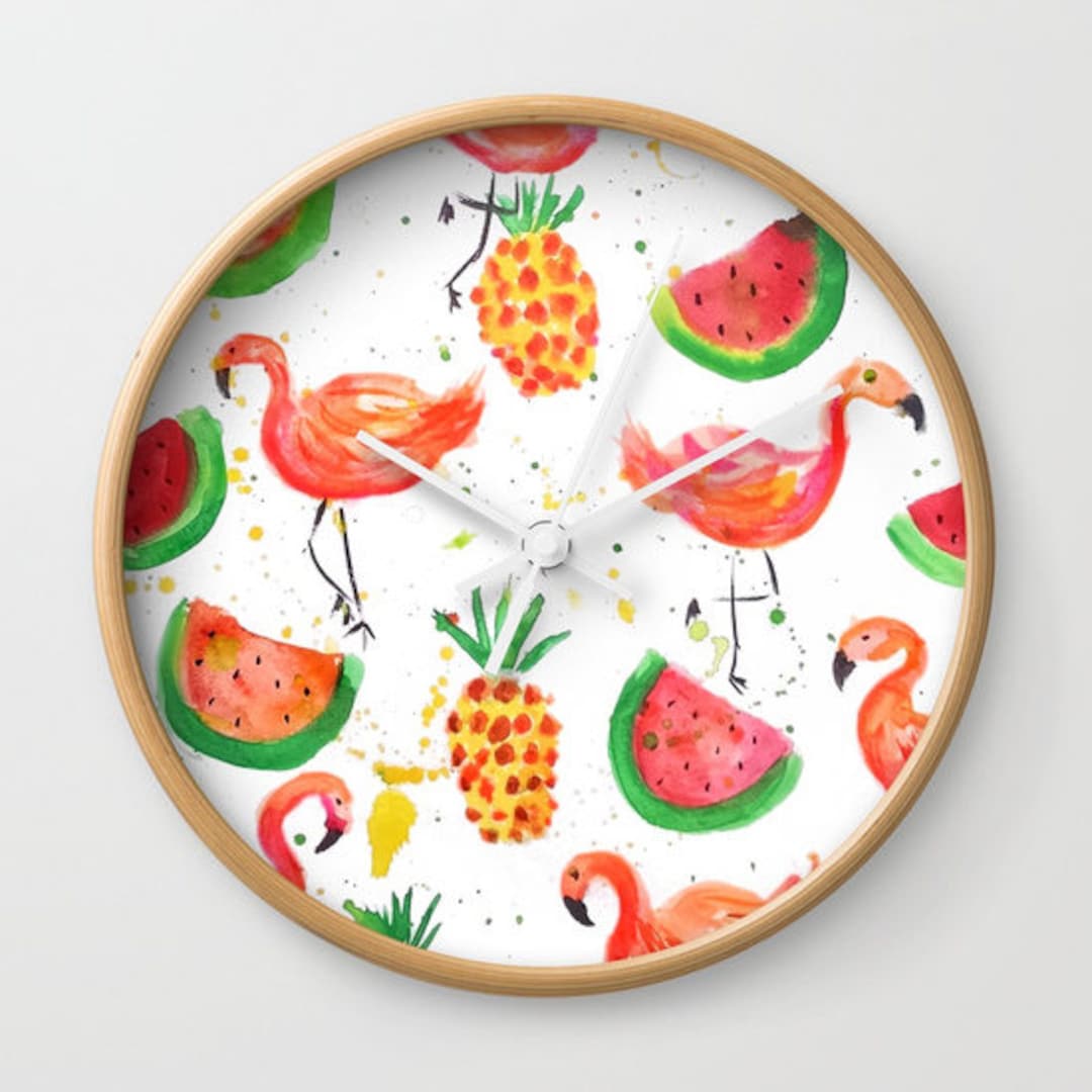 Flamingo Wall Clock Pink Flamingos Floral Clock Gifts Tropical Home ...
