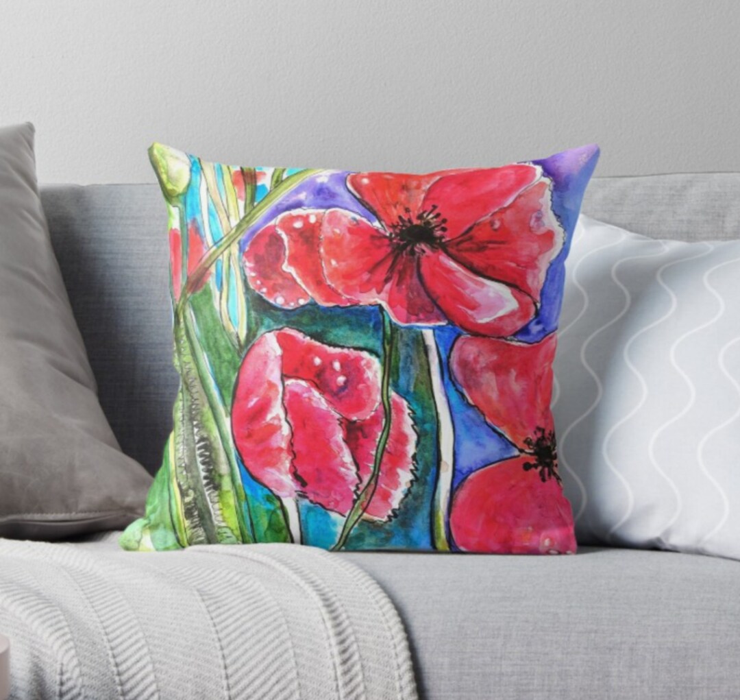 Red Poppy Pillow, Poppy Pillow, Red Poppy Throw Cushion, Dorm Room ...