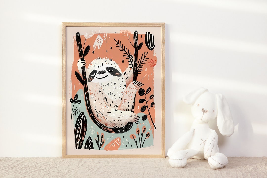 Playful Sloth on a Vine Wall Art for Boho Neutral Nursery Animal Decor ...