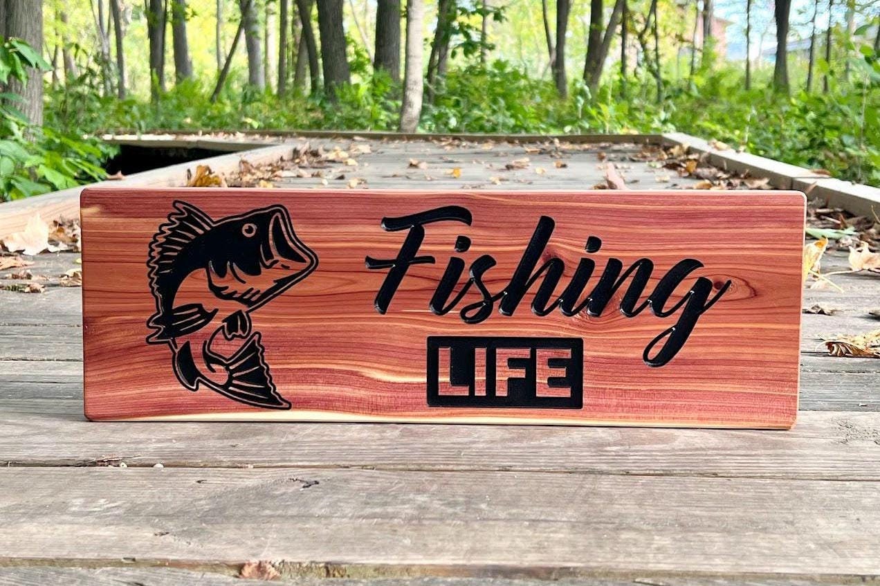 Engraved Cedar Fishing Sign | Rustic Cabin Decor - Etsy