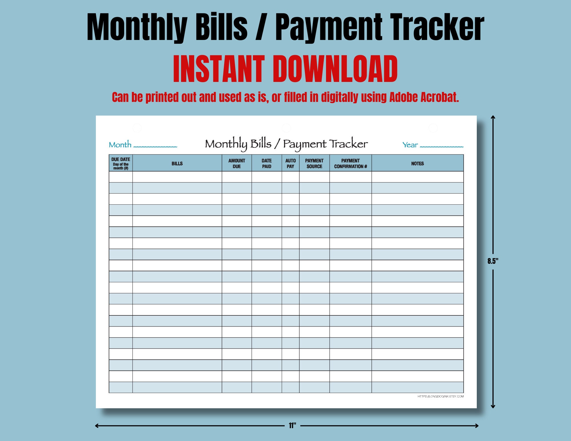 Monthly Bills Payment Tracker, Fillable Monthly Bill Template ...