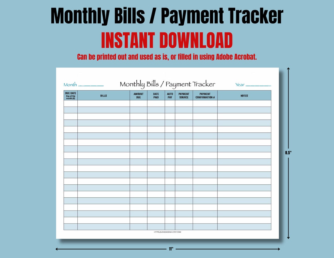 Fillable Monthly Bills Payment Tracker, Editable Monthly Bill Template, Printable Bill Planner ...