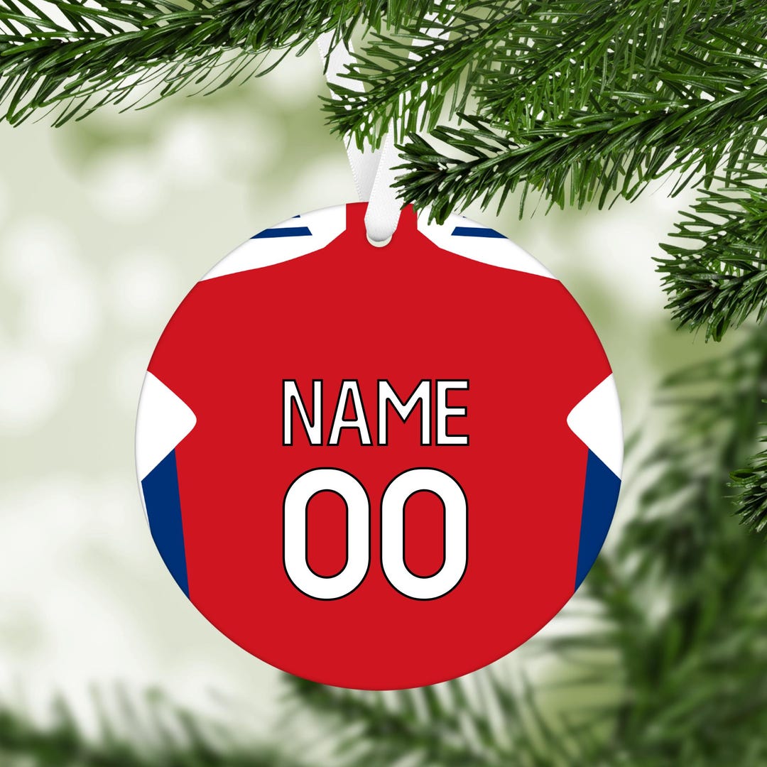 Personalised Arsenal Home Kit Style MDF Football Christmas Flat Bauble ...
