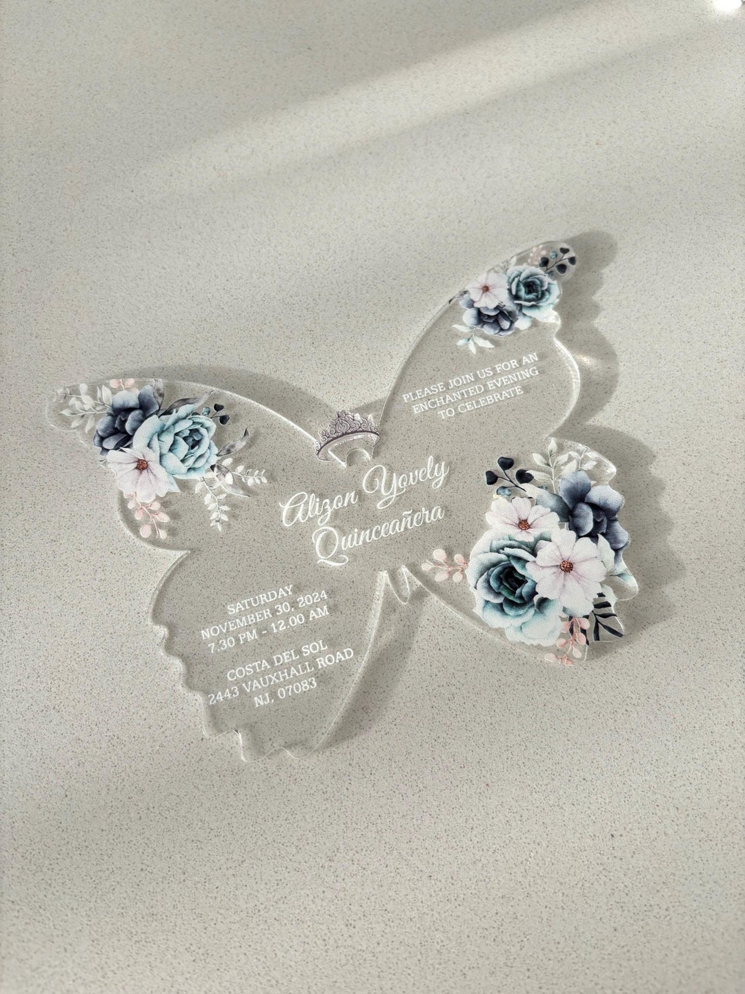 Butterfly Cut Acrylic Quinceañera Invitations, Blue Quinceañera ...