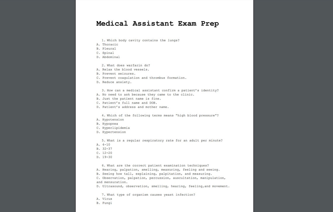 Medical Assistant Exam Prep (50 Questions) PDF Printable With Answer ...
