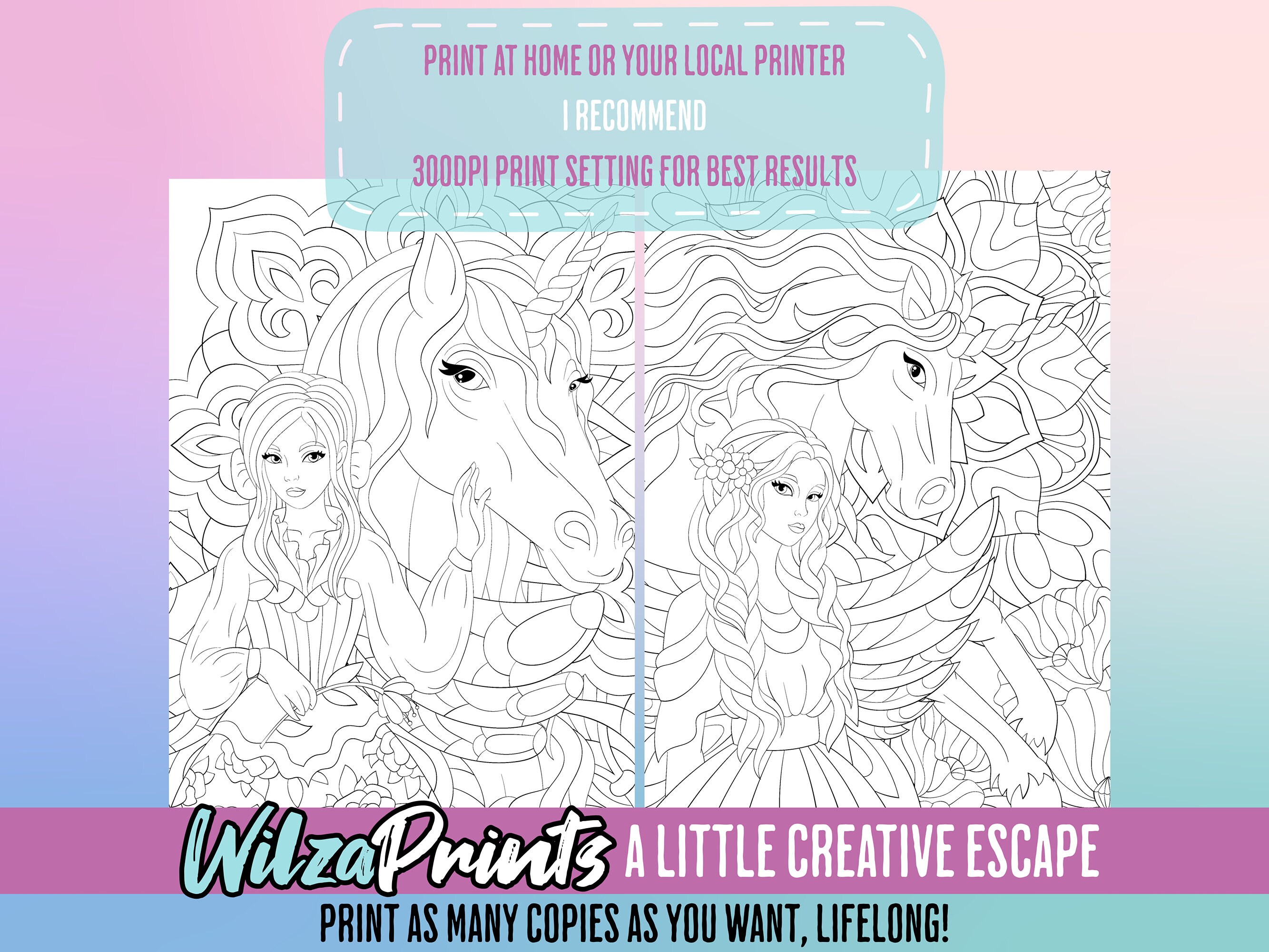 Unicorn and Fairy Coloring Pages for Adults and Kids Activity Sheets ...