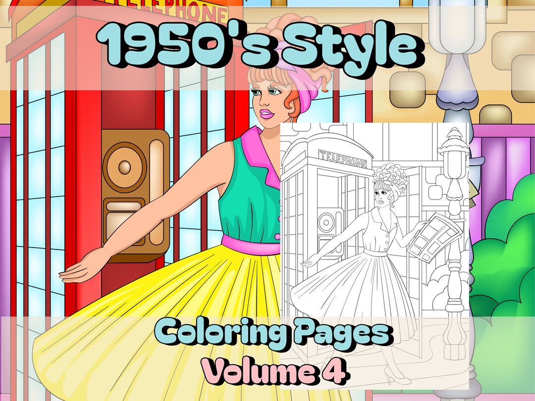Beautiful Woman Coloring Pages for Adults and Kids 1950's Retro Fashion ...