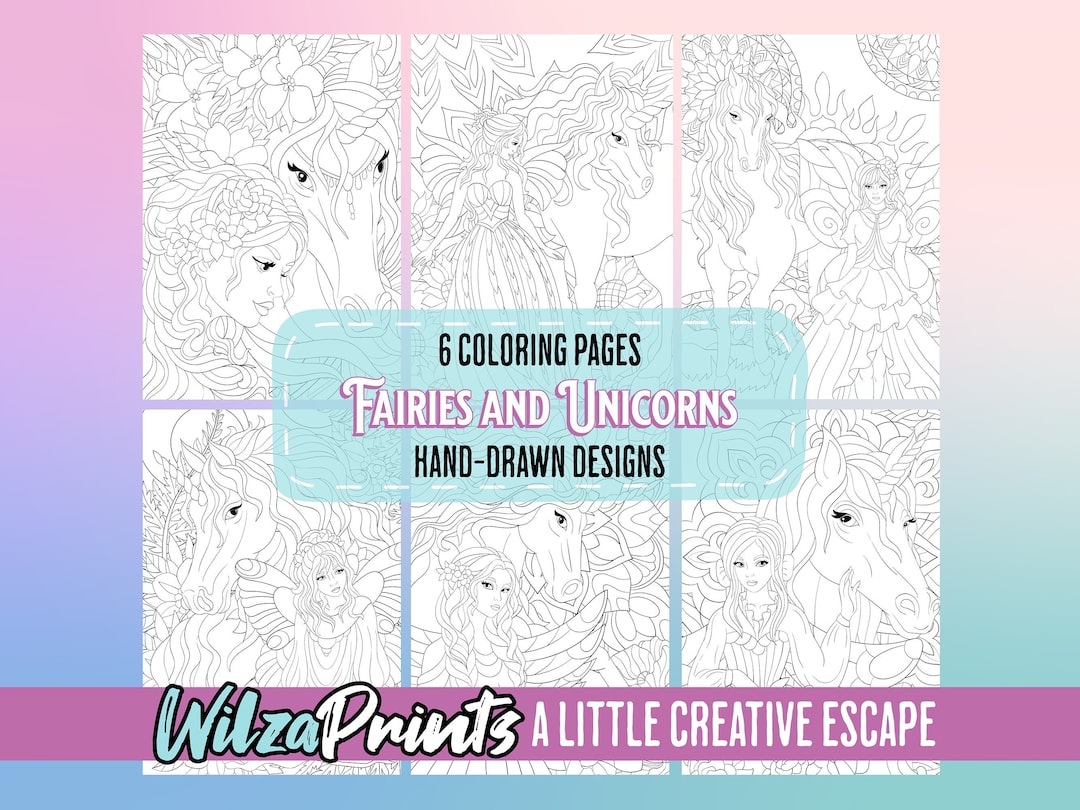 Unicorn and Fairy Coloring Pages for Adults and Kids Activity Sheets ...