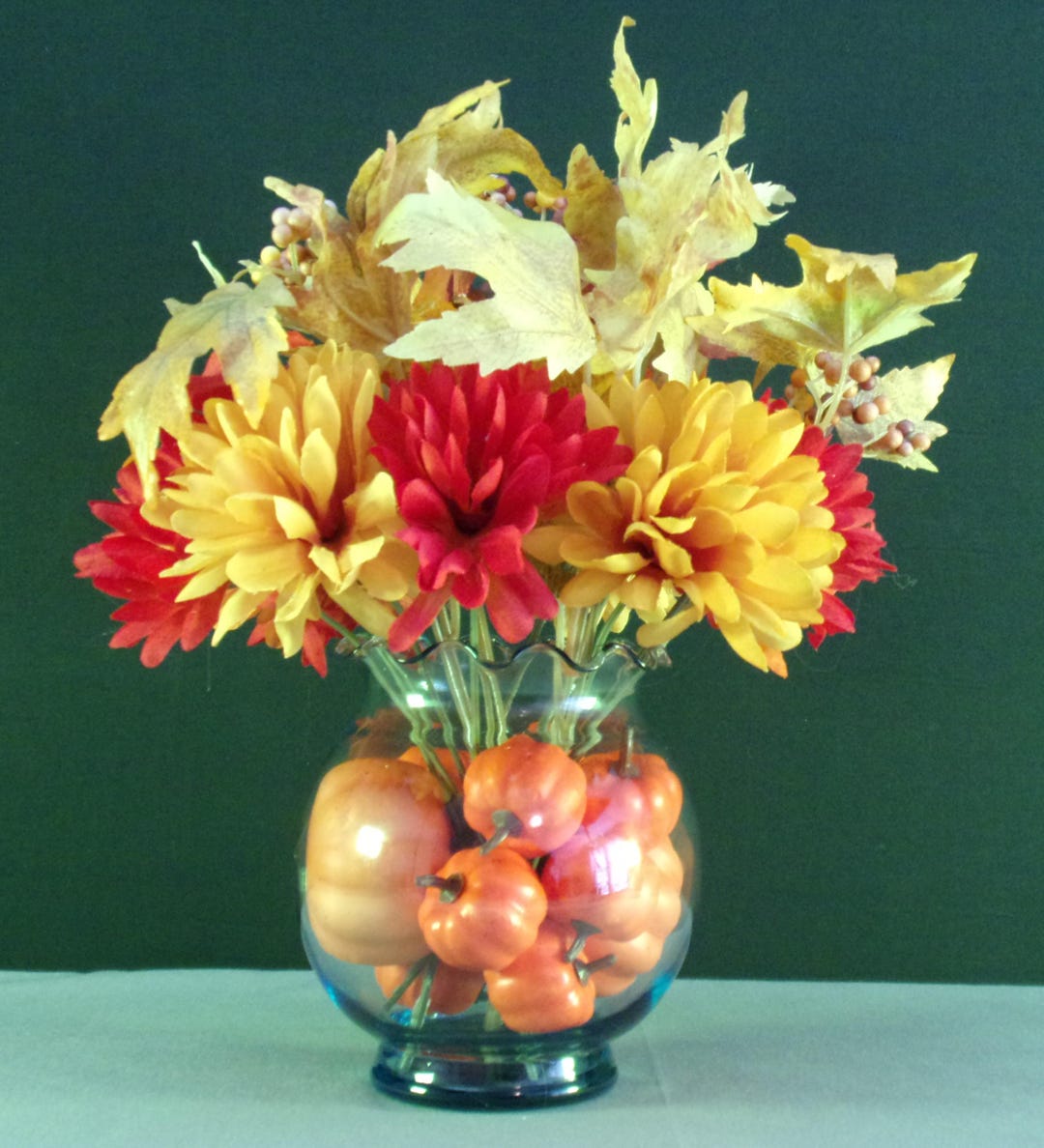 Fall Foliage, Chrysanthemums, Oak & Maple Leaves, in a Light Blue Vase ...