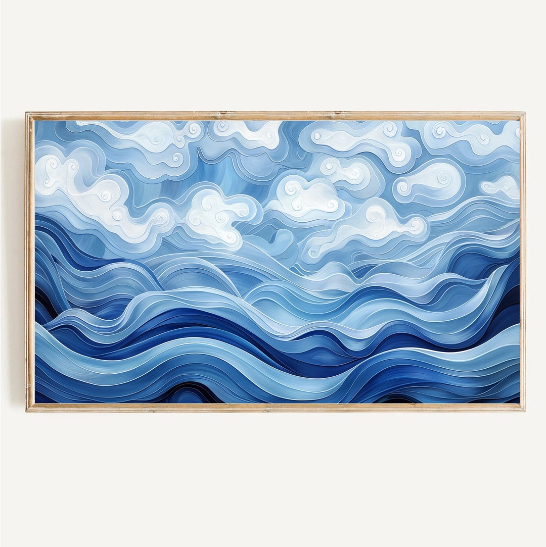 Wind Farm Monochromatic Blue Clouds Art | Painting Digital Download ...