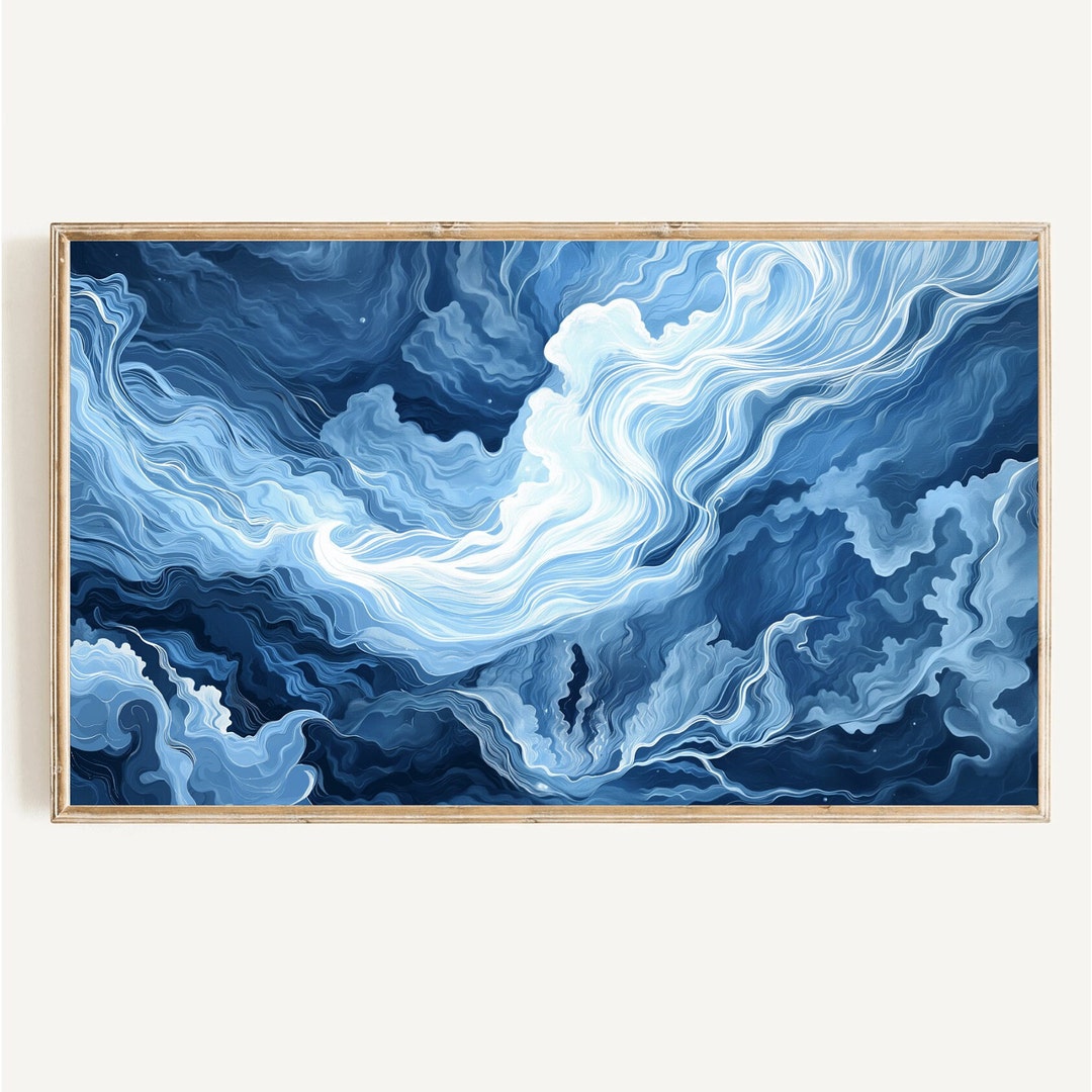 Wind Farm Monochromatic Blue Clouds Art | Painting Digital Download ...