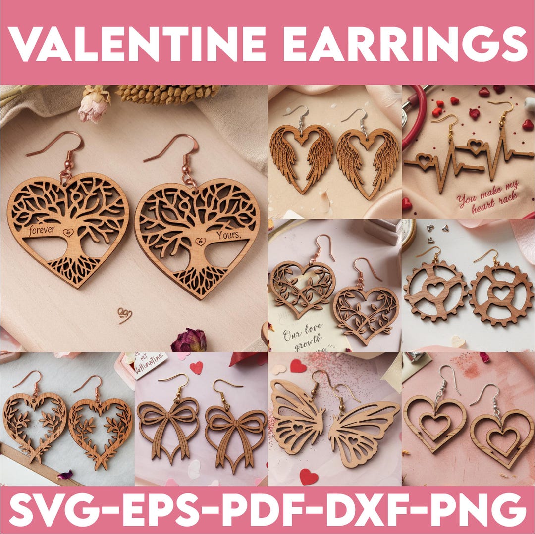 10 Valentine Earrings Laser Cut Files, Heart Earrings Svg, Earrings Svg ...