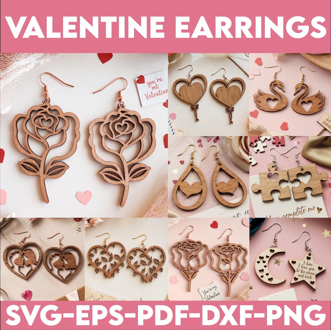 10 Valentine Earrings Laser Cut Files, Heart Earrings Svg, Earrings Svg ...