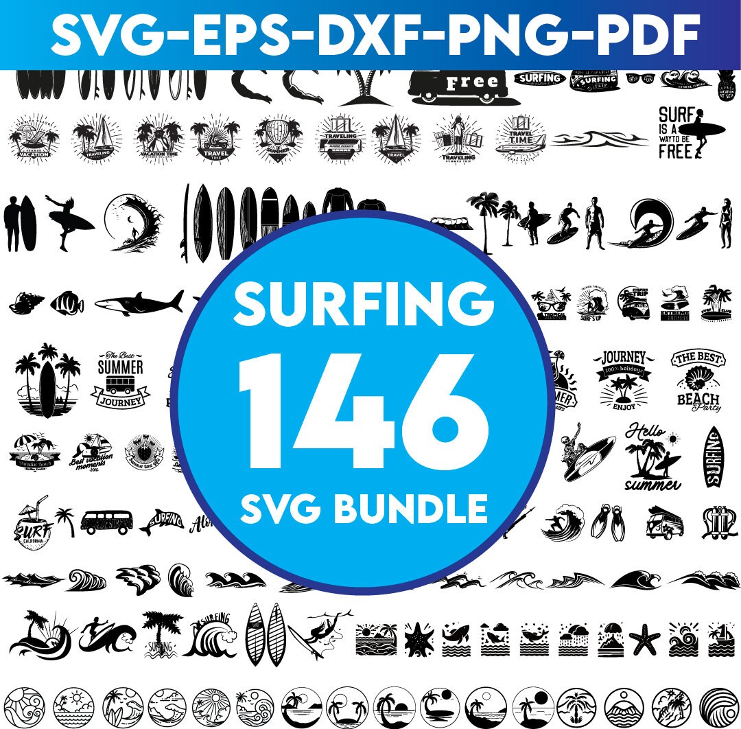 Surfing Bundle Svg Png Pdf Eps Dxf Bundle Silhouette Cricut Commercial ...