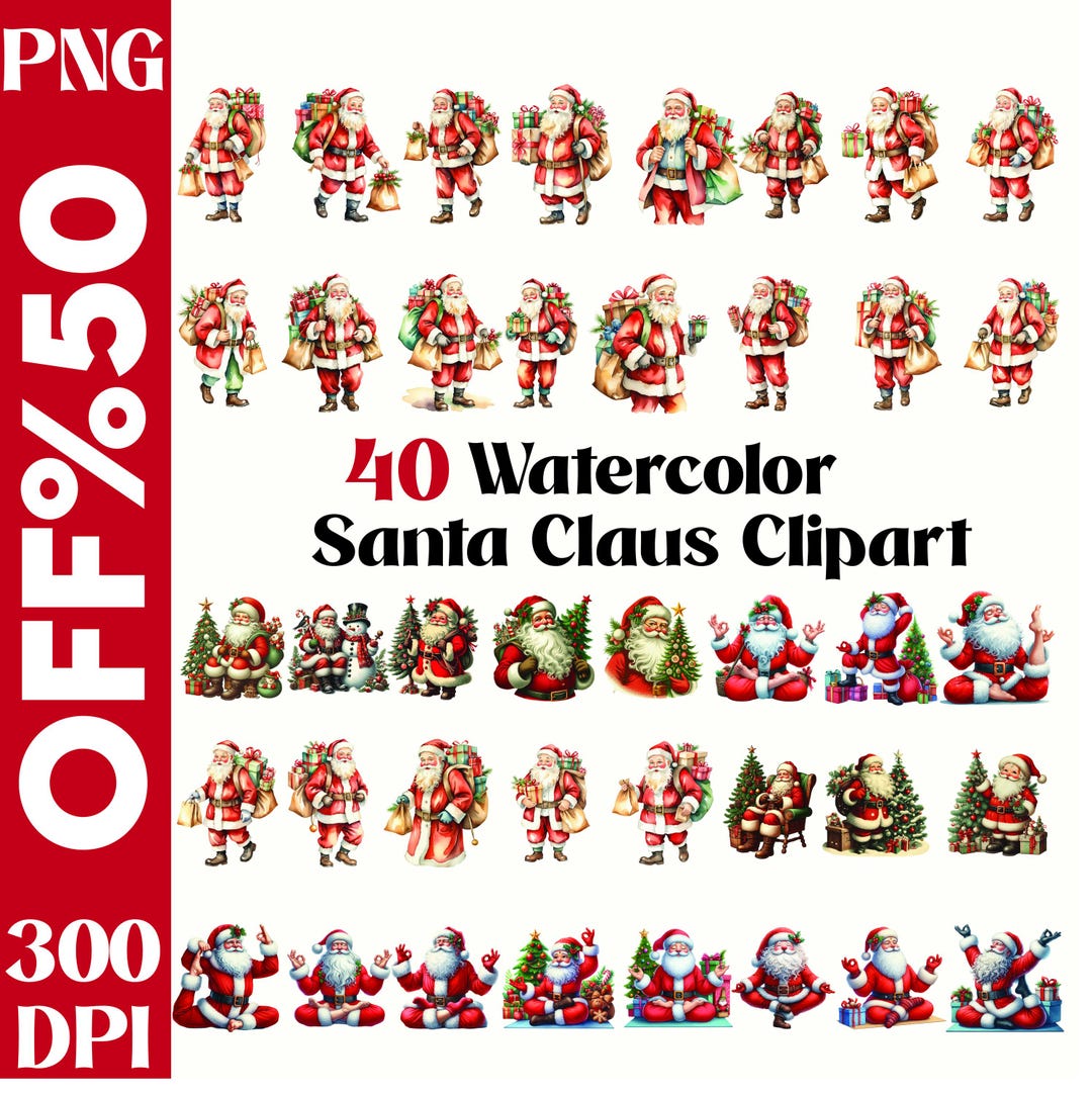 Watercolor Santa Claus Vintage Png-clipart Bundle of 40 - Christmas ...