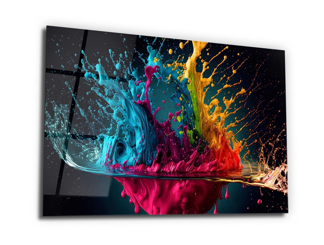 Colourful Paint Splash Glass Wall Art, HD Digital Print on Glass Poster ...