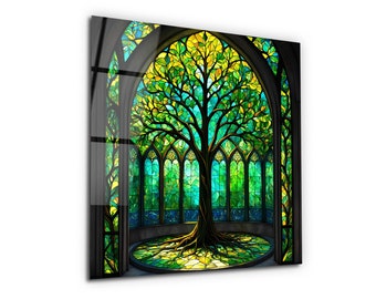 Life of Tree Forest Modern Art Round Glass Wall Art Home Decoration ...