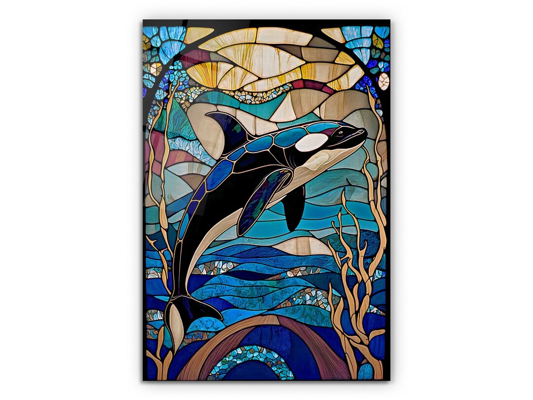 Orca Stained Glass Painting Wall Art, Sea Life Pattern, Glass Wall ...